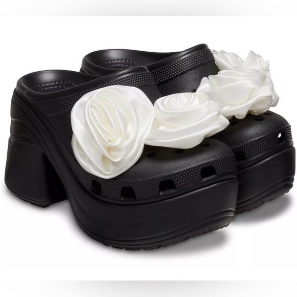 CROCS | Shoes | Crocs Siren Rosette Clog Black White Flower Platform ...